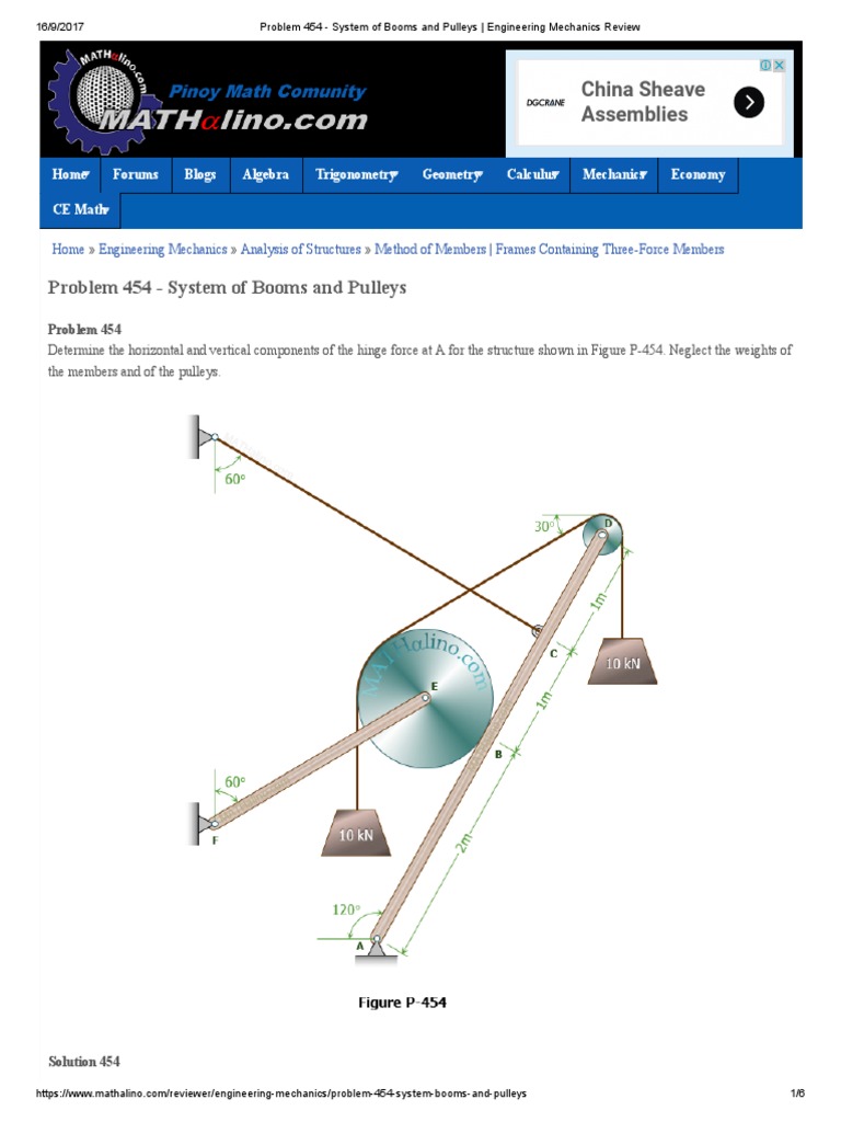 Problem 454 - System of Booms and Pulleys - Engineering Mechanics ...