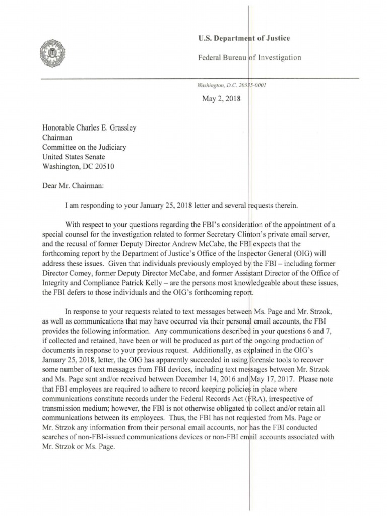 Chris Wray Letter To Chuck Grassley - May 3rd 2018 (Strzok Page HRC ...