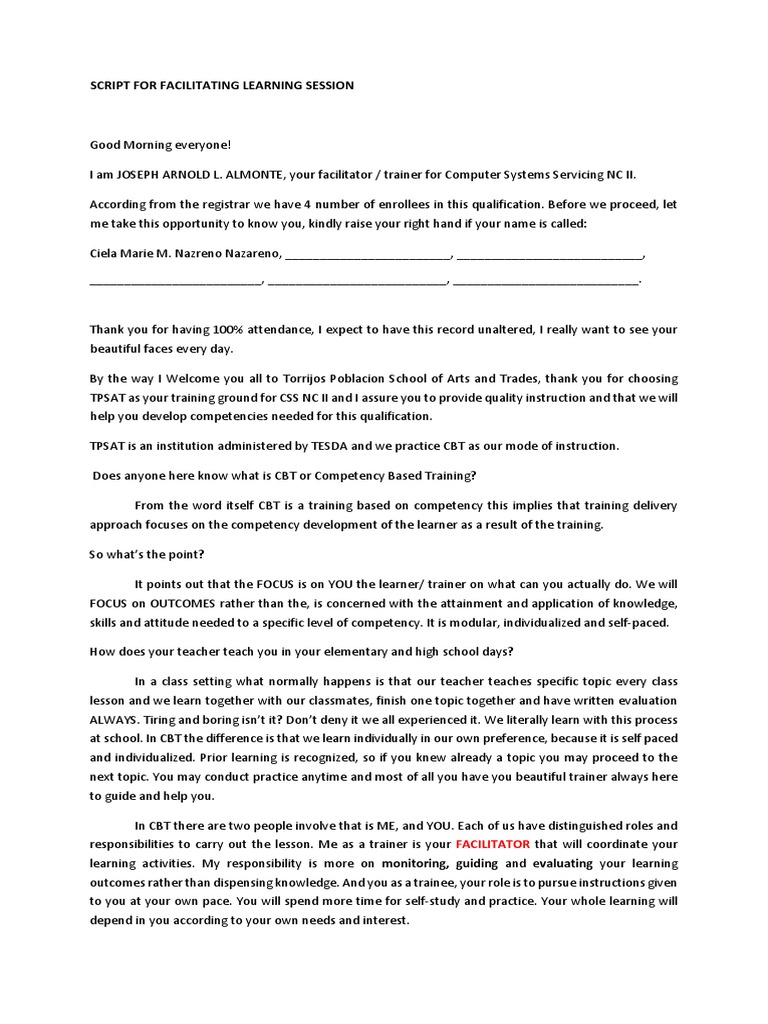 Script For Facilitating Learning Session: Facilitator | PDF | Learning | Computer Network