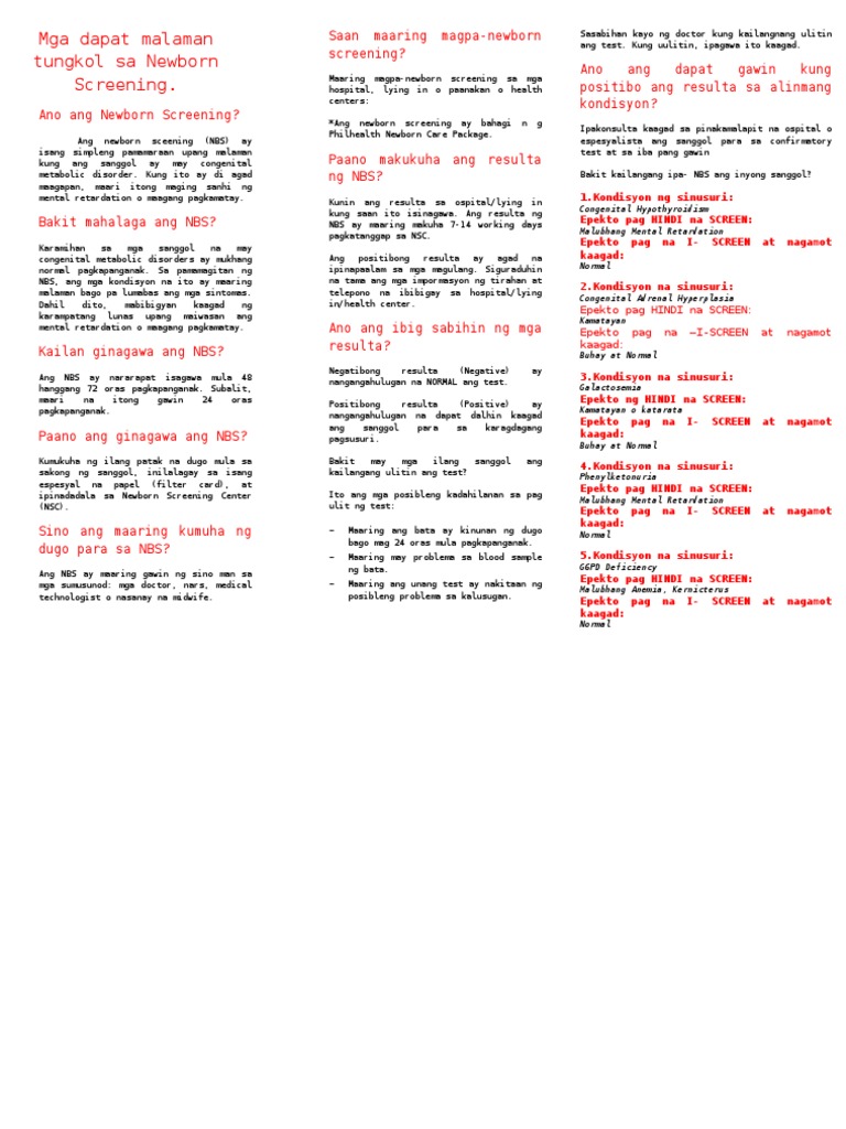 Mga Dapat Malaman Tungkol Sa Newborn Screening | PDF