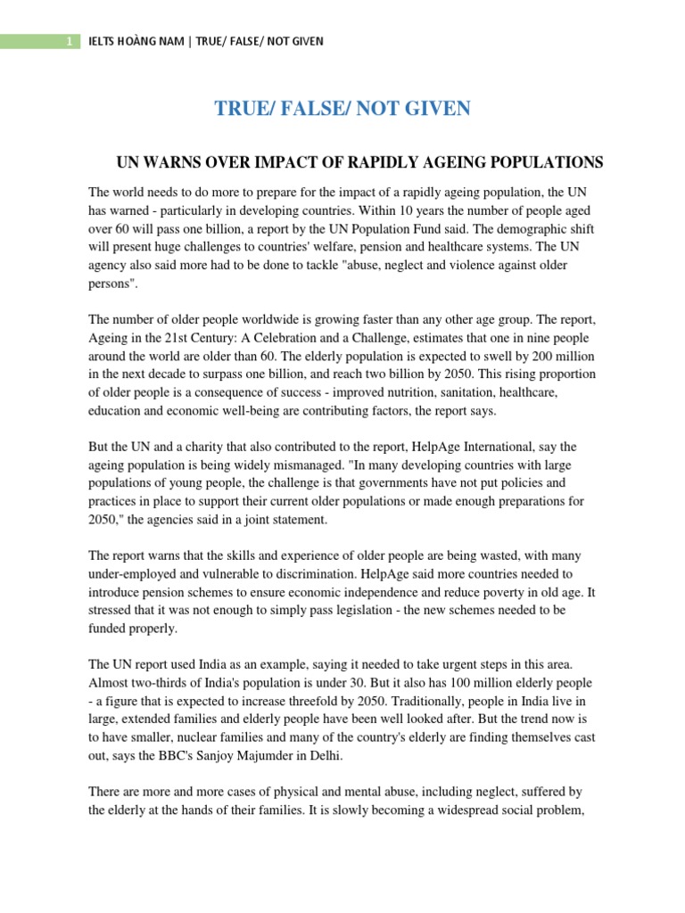 True False Notgiven Exercise | PDF | Population Ageing | Ageing