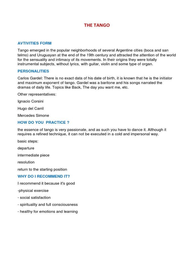 The Tango: Avtivities Form | PDF