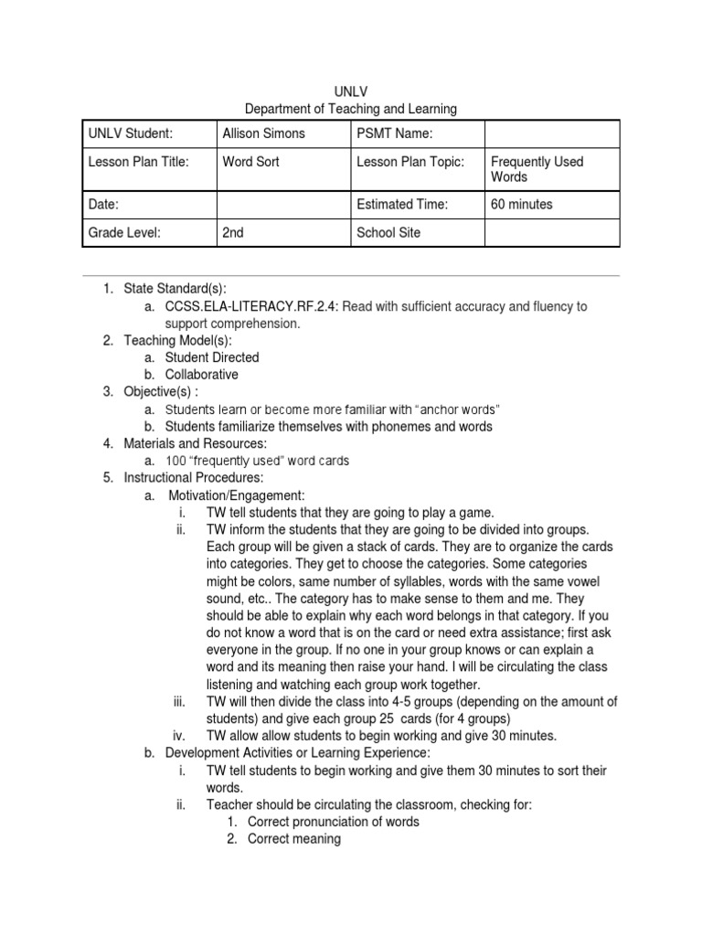 Word Sort Lesson Plan | PDF | Lesson Plan | Reading Comprehension