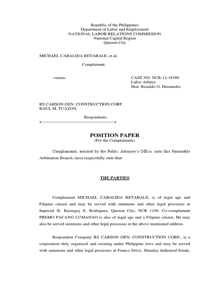 Position Paper Draft Sample | PDF | Damages | Employment