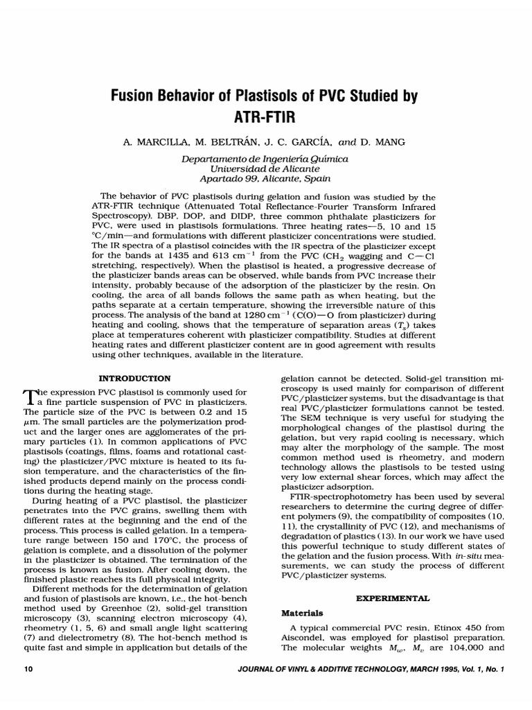 Fusion Behavior of Plastisols of PVC Studied by ATR FTIR | PDF ...