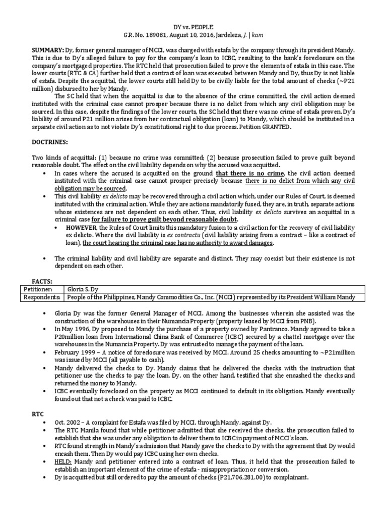 SC Rules No Civil Liability for Estafa When Elements Not Proven | PDF ...