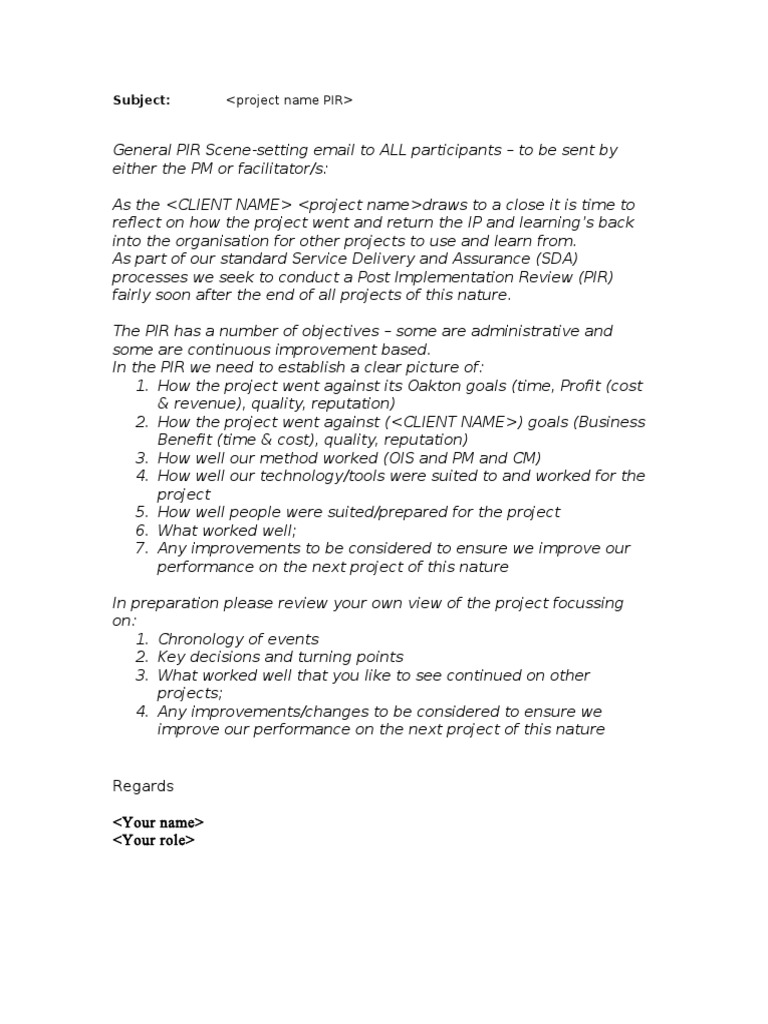 Sample PIR Email | PDF | Career & Growth | Business