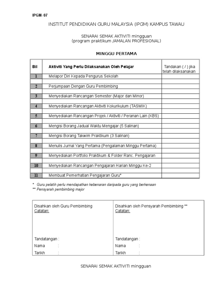 Senarai Semak Aktiviti Mingguan-Ok | PDF