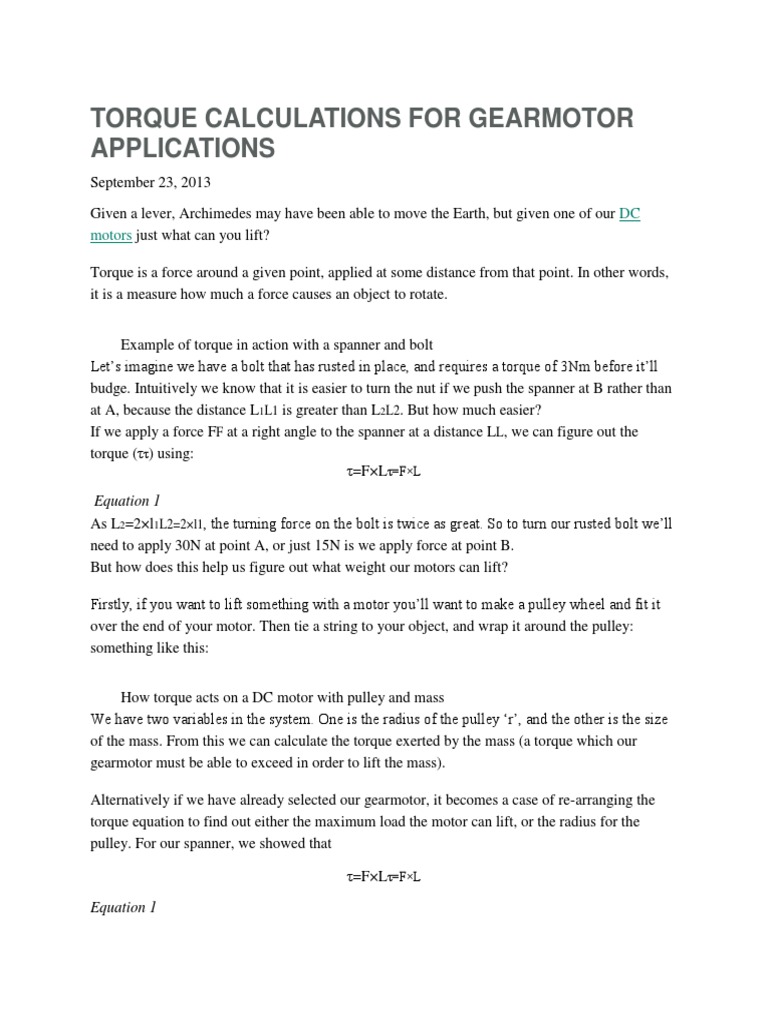 Torque Calculations For Gearmotor Applications | PDF | Torque | Stall ...