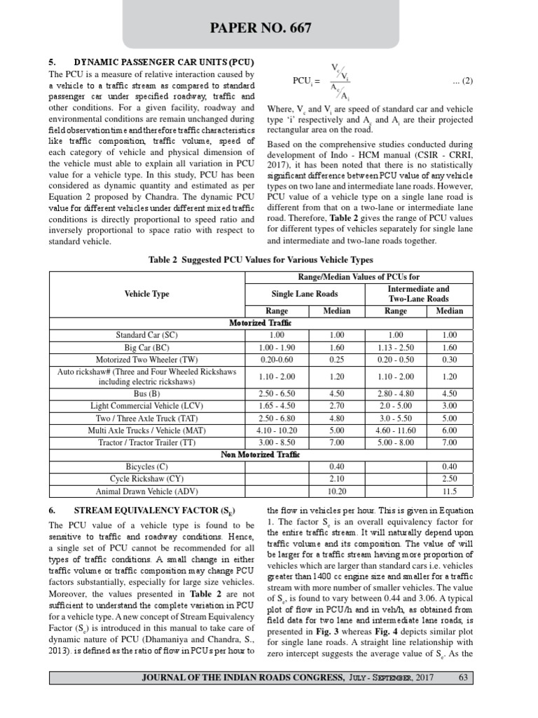 Paper No. 667: 5. Dynamic Passenger Car Units (Pcu) | PDF | Lane | Traffic