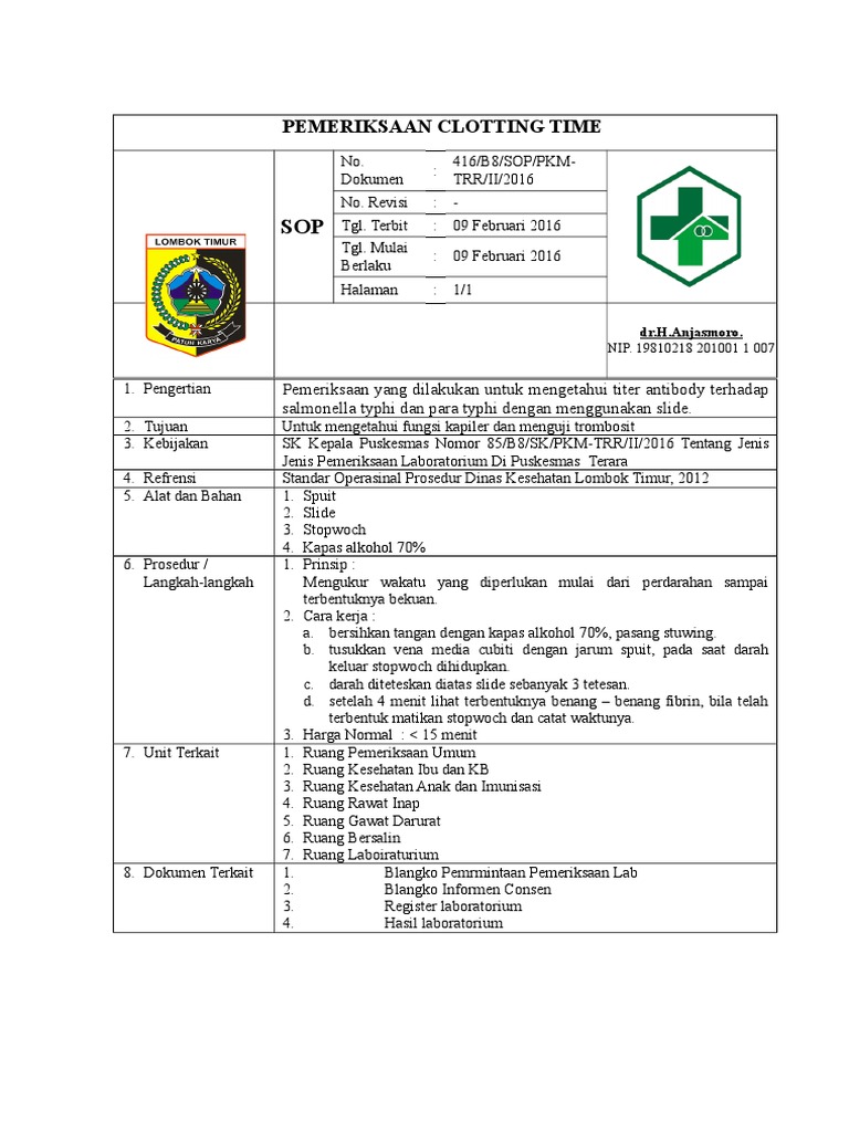 SOP Pemeriksaan Clotting Time | PDF | Pengembangan Diri | Kesehatan ...