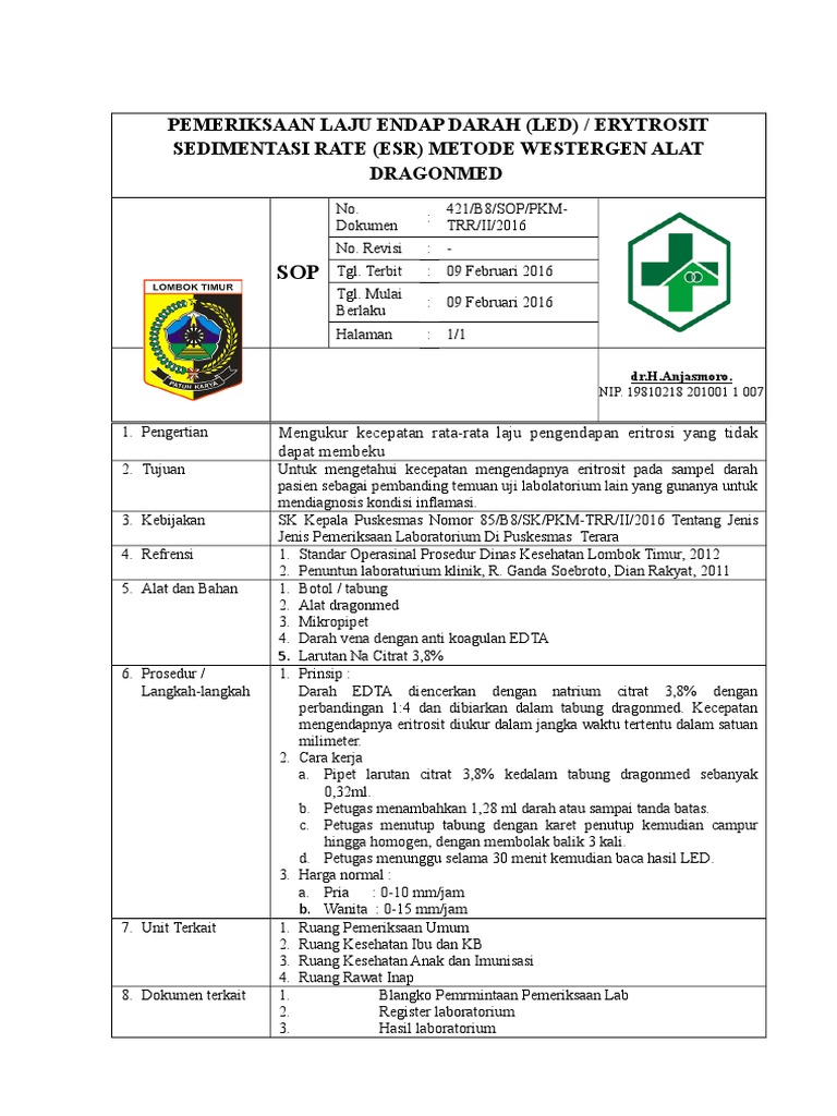 SOP Pemeriksaan Laju Endap Darah (LED) Erytrosit Sedimentasi Rate (Esr ...