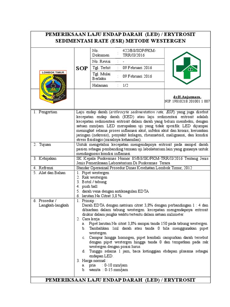 SOP Pemeriksaan Laju Endap Darah (LED) Erytrosit Sedimentasi Rate (ESR ...