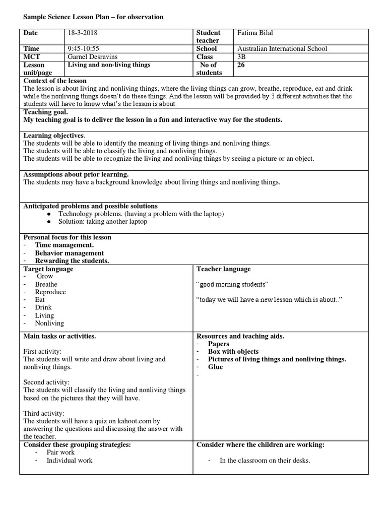 Grade 3 Lesson Plan: Living vs Non-Living | PDF | Lesson Plan | Teachers