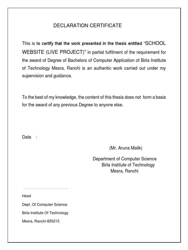 Declaration Certificate: . Head Dept. of Computer Science Birla ...