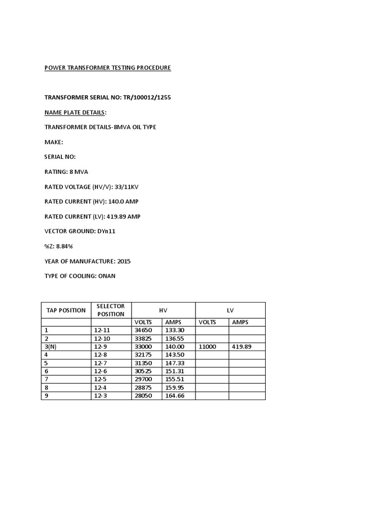 Power Transformer Testing Process | PDF