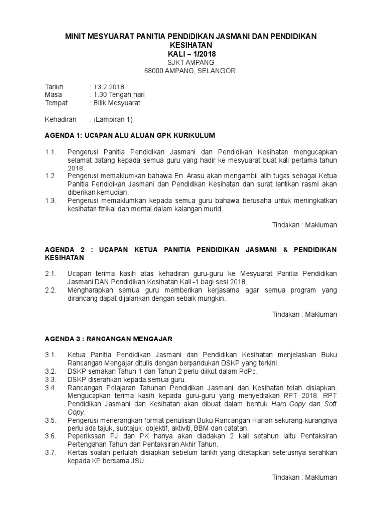 Minit Mesyuarat Panitia Pendidikan Jasmani Kali 1 | PDF