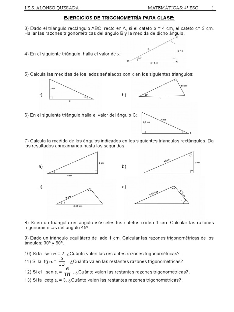 Ejercicios de Trigonometría Para Clase | Triángulo | Trigonometría