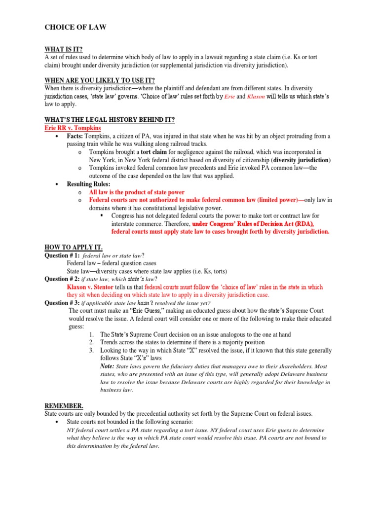 Choice of Law - Erie (Final) | PDF | Diversity Jurisdiction | Choice Of Law