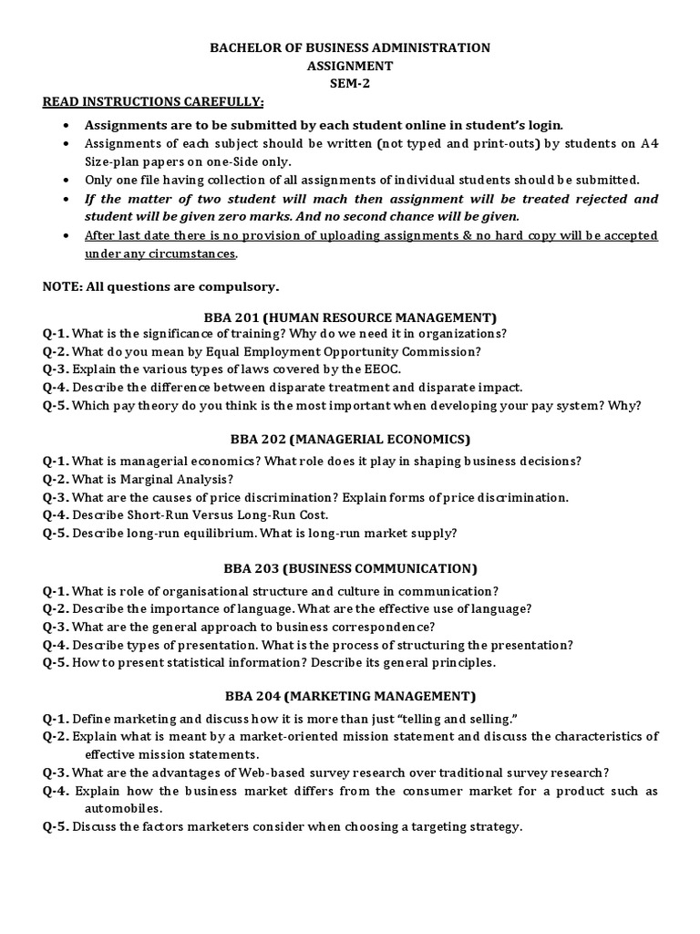 Instructions and Questions for Bachelor of Business Administration ...
