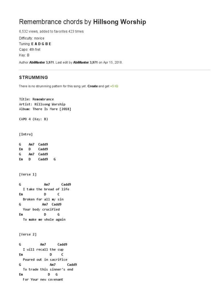 REMEMBRANCE CHORDS by Hillsong Worship @ | PDF | Song Structure | Leisure