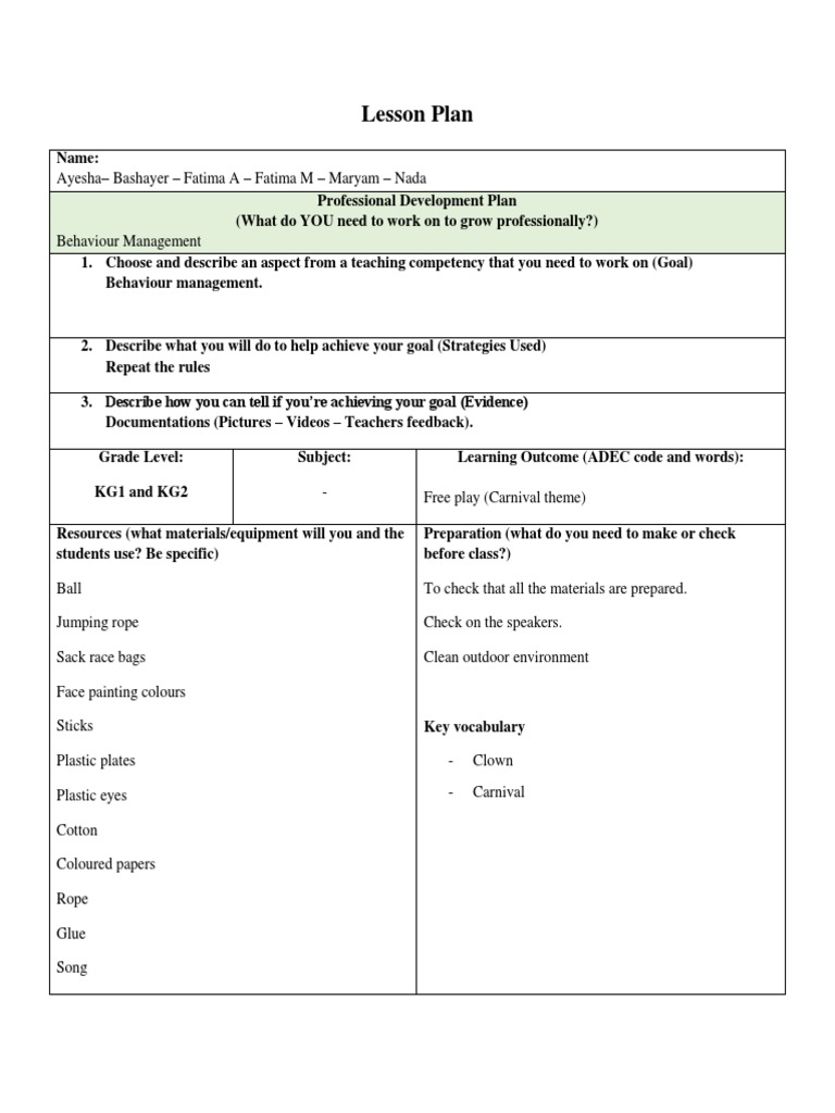 Outdoor Carnival Activities Lesson Plan | PDF | Lesson Plan | Teachers