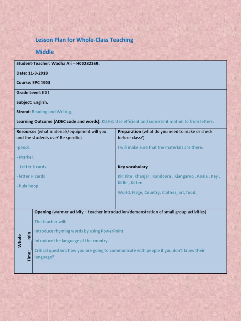Lesson Plan For Whole-Class Teaching Middle: and The Students Use? Be ...