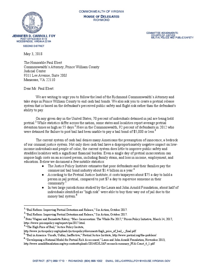 Delegate Carroll Foy Bail Reform Letter | PDF | Bail | Prison