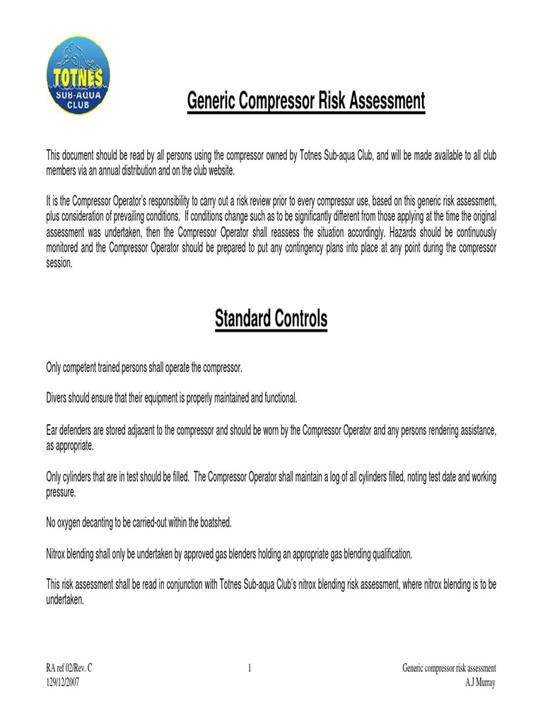 Compressor Risk Assessment Guidelines | PDF | Underwater Diving | Fires
