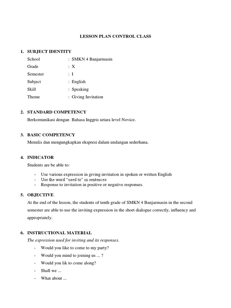 Lesson Plan Control Class: The Expression Used For Inviting and Its ...