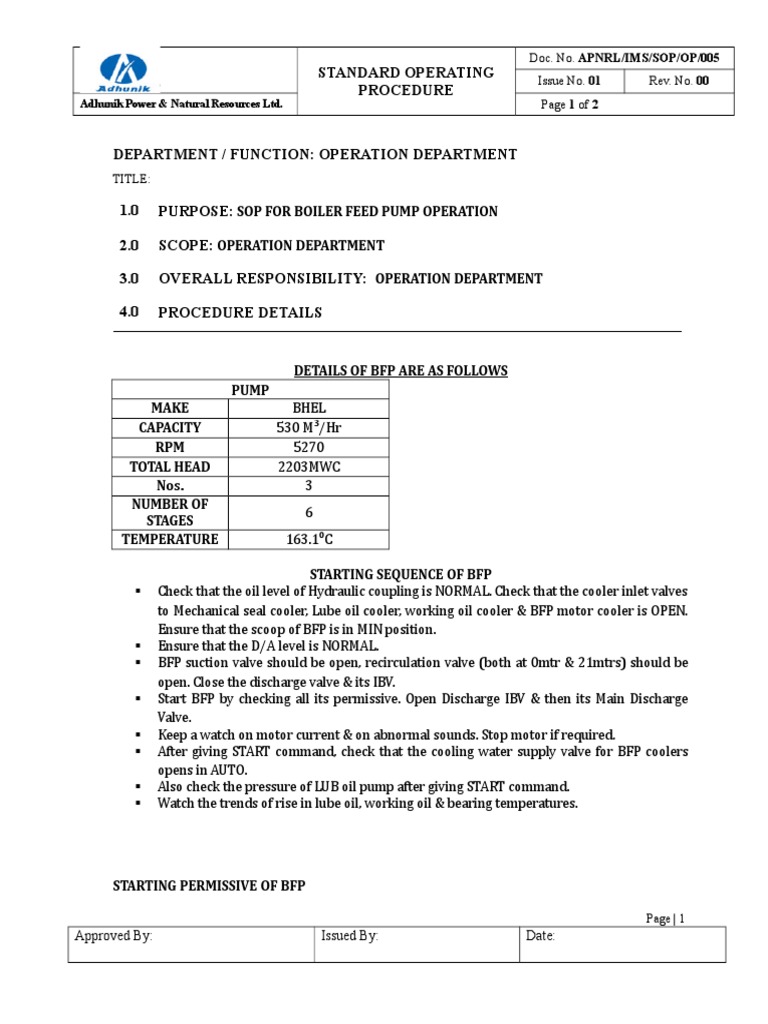 Sop For BFP | PDF | Pump | Valve