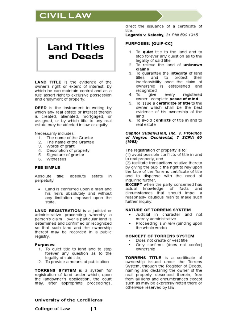 Land Titles and Deeds | PDF | Title (Property) | Ownership
