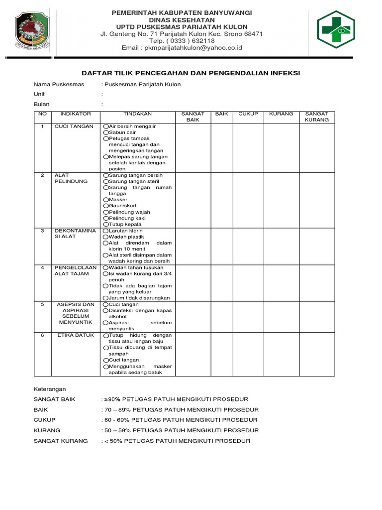 Daftar Tilik Pencegahan Dan Pengendalian Infeksi | PDF