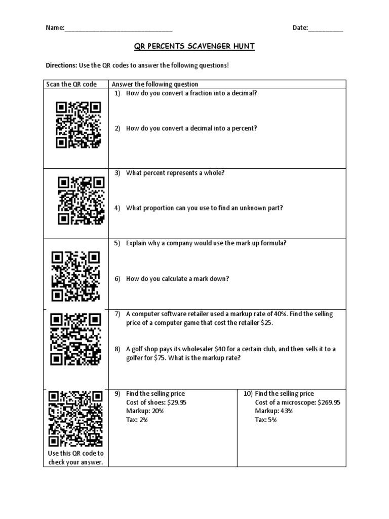 QR Code Percentages Scavenger Hunt | PDF