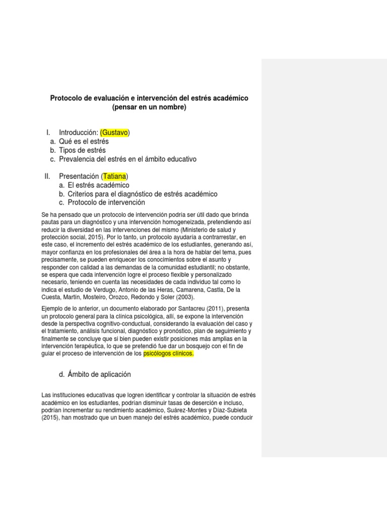 Avance 2. Esquema de Protocolo Estrés Académico | PDF | Bienestar | Evaluación