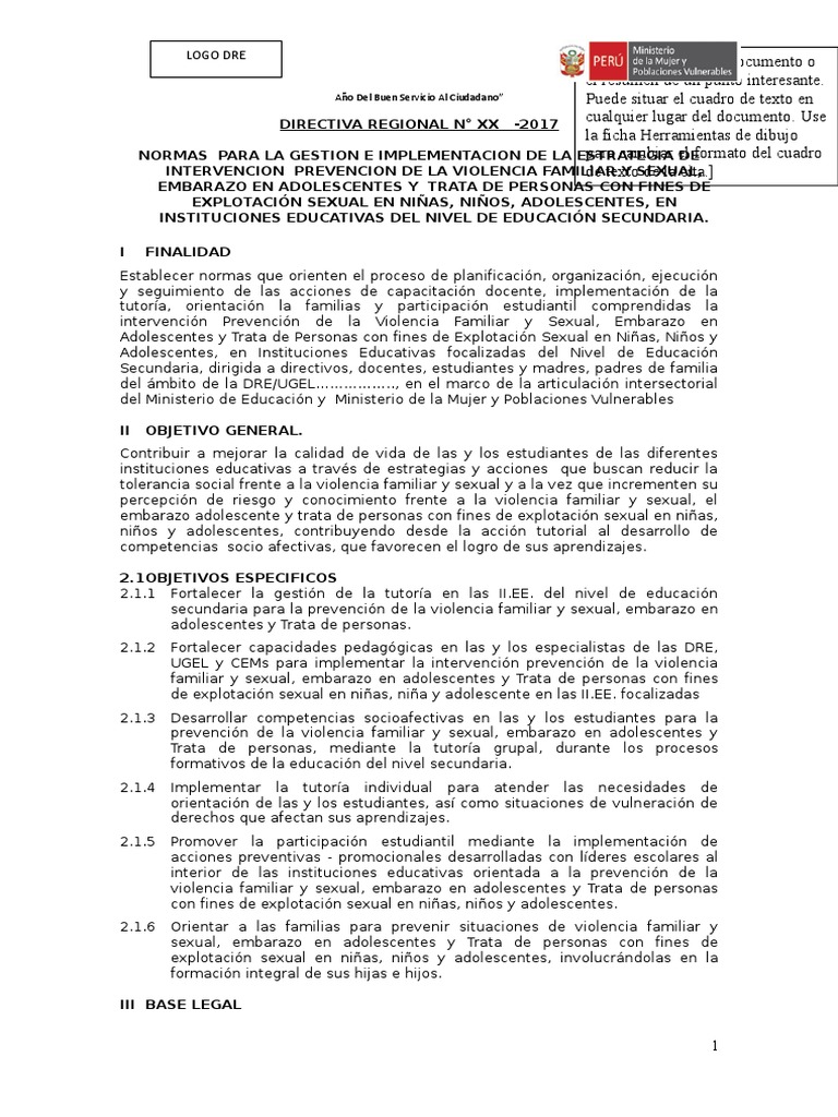 Modelo de Directiva DRE 2017 | PDF | Violencia doméstica | Trata de ...