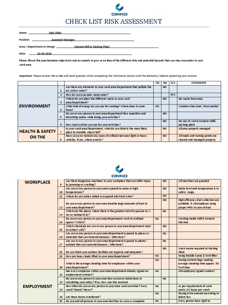 CHECK LIST RISK ASSESSMENT - English - Docx (For Cement Mill and ...