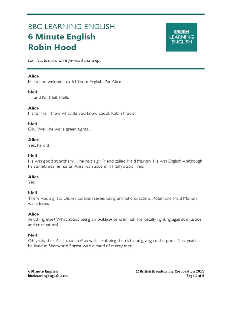 6min English Robin Hood | PDF | Robin Hood | Leisure