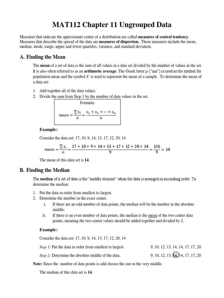 MAT112 CH 11 Ungrouped Data PDF | Download Free PDF | Mean | Median