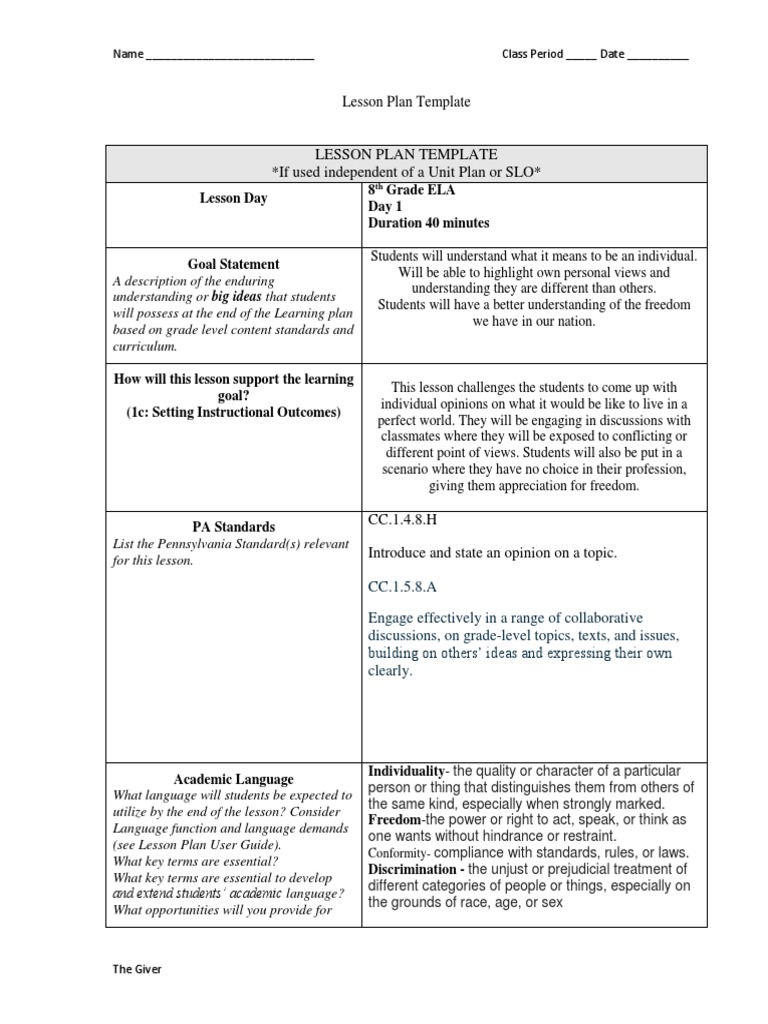 Edr 317-318 Lesson Plan Template-2 | PDF | The Giver | Educational ...