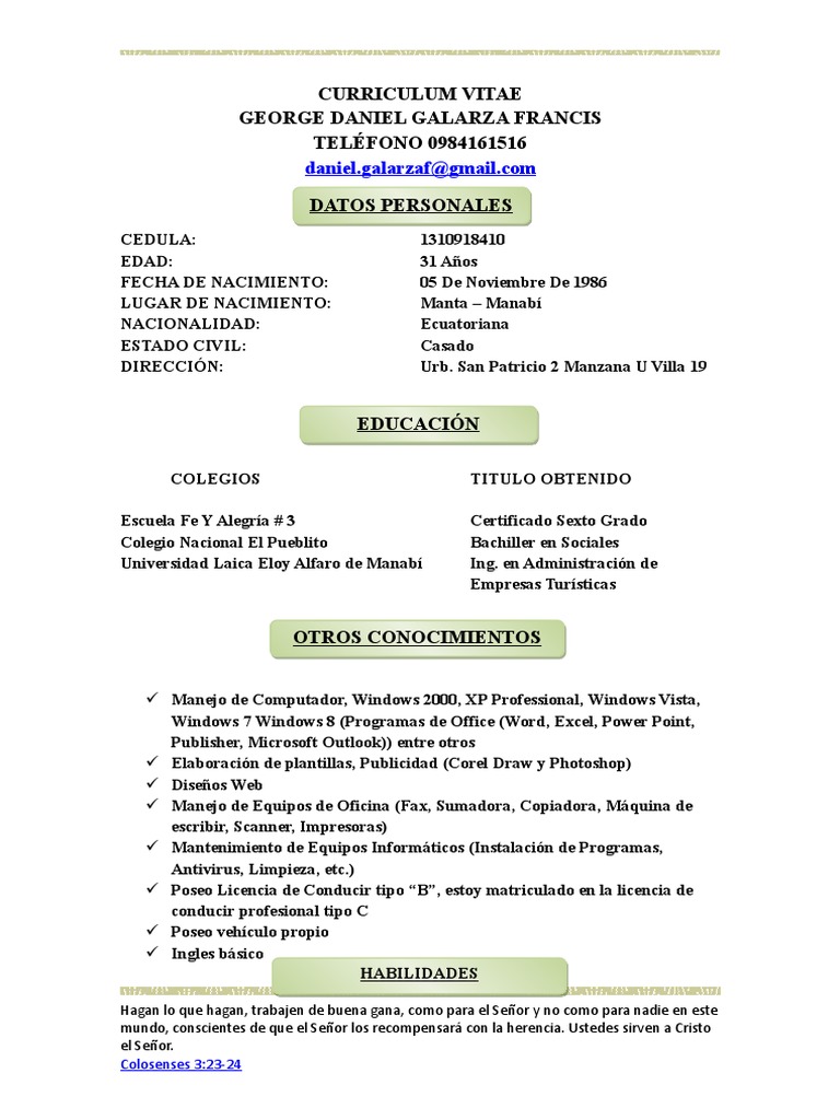 Curriculum Vitae Ing Daniel Galarza | PDF | Microsoft Windows | Software del sistema