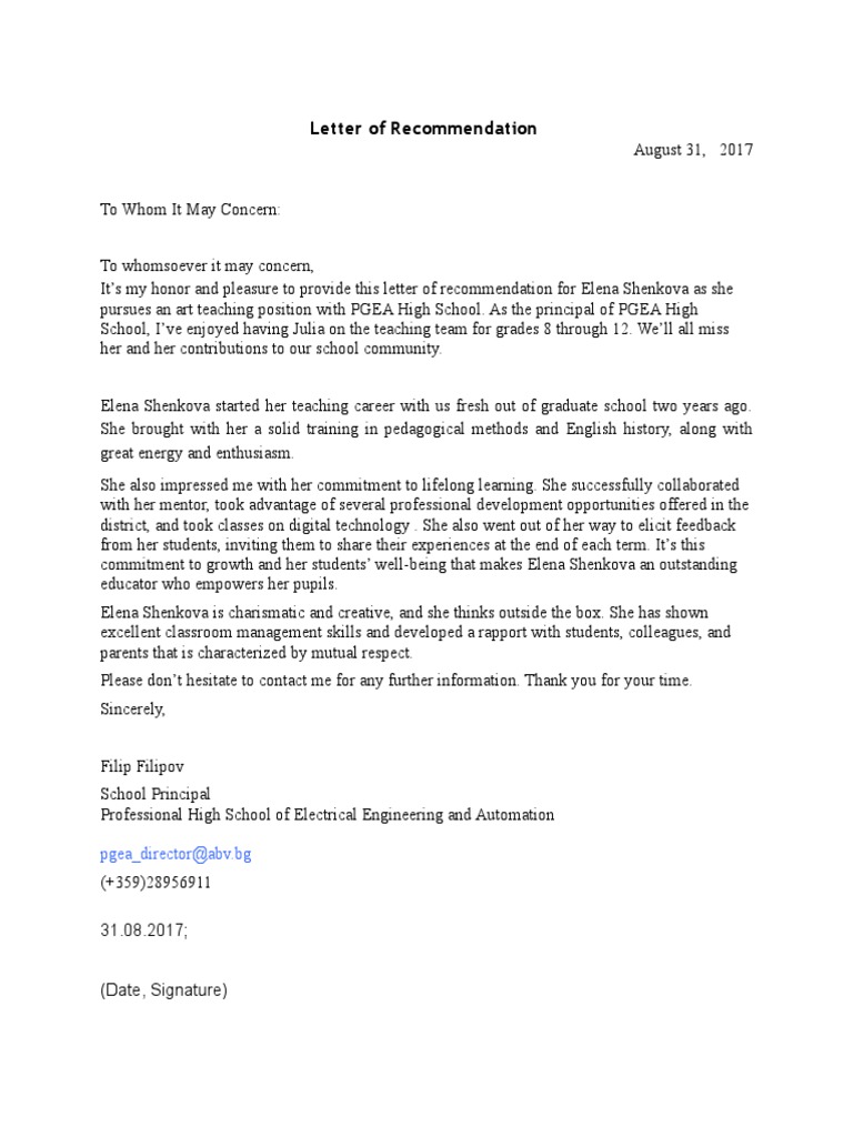 Sample Letter of Recommendation For Teacher From Principal | PDF