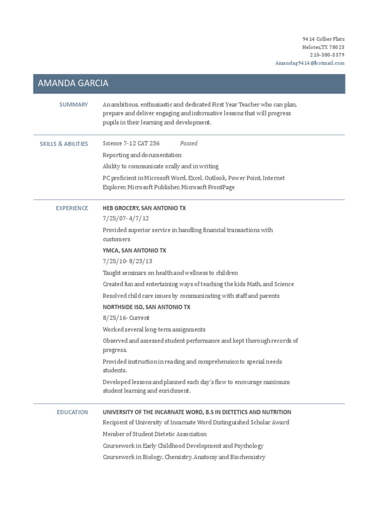 Amanda Resume 2018 | PDF | Dietitian | Teachers