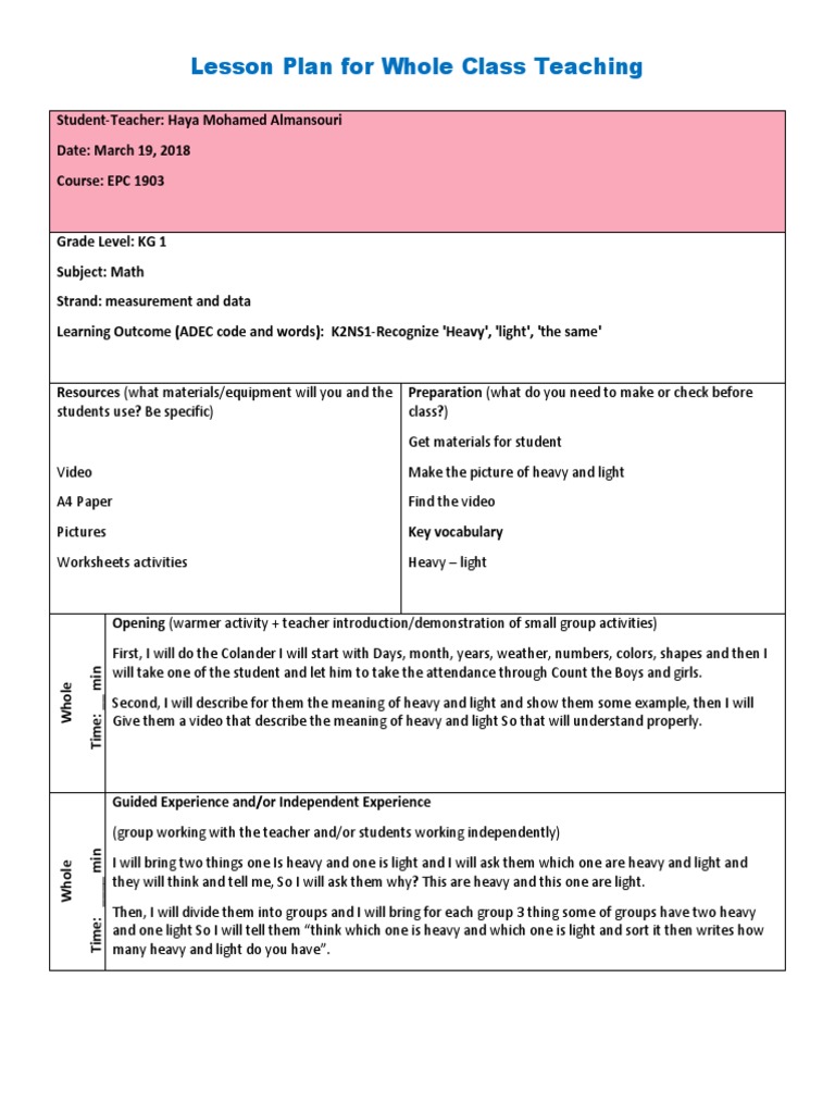 Lesson Plan For Whole Class Teaching | PDF | Lesson Plan | Educational ...
