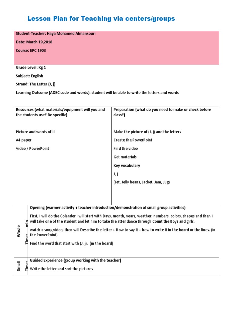 Lesson Plan For Teaching Via Centers/groups | PDF | Lesson Plan ...