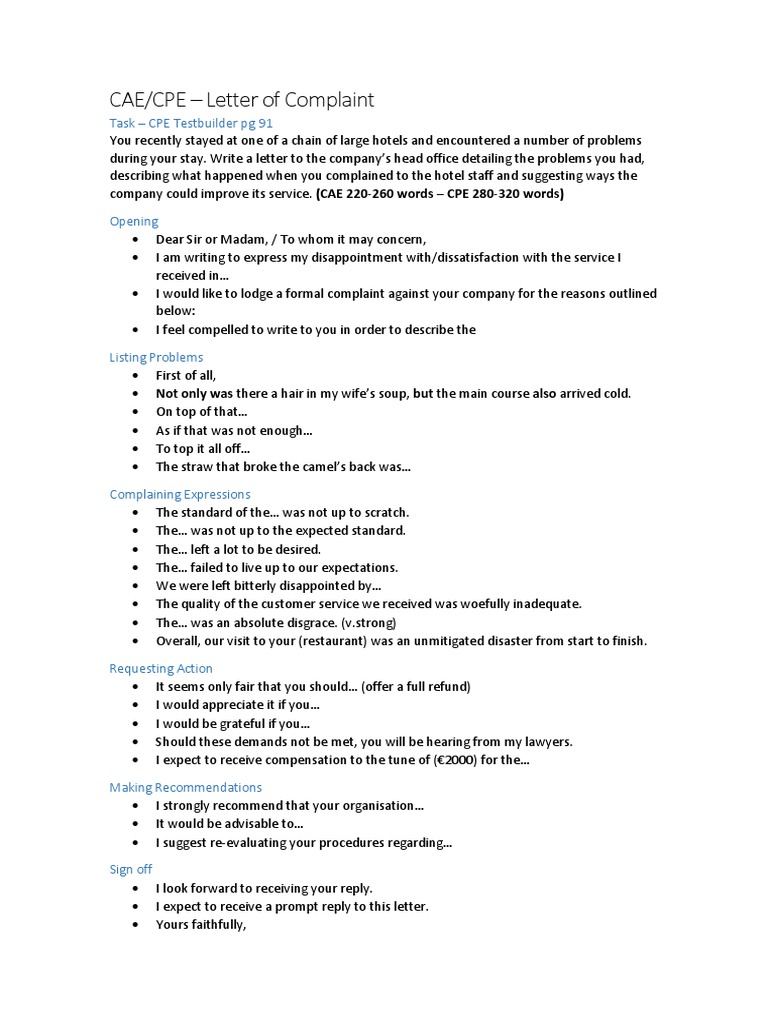 Letter of Complaint Phrase Sheet