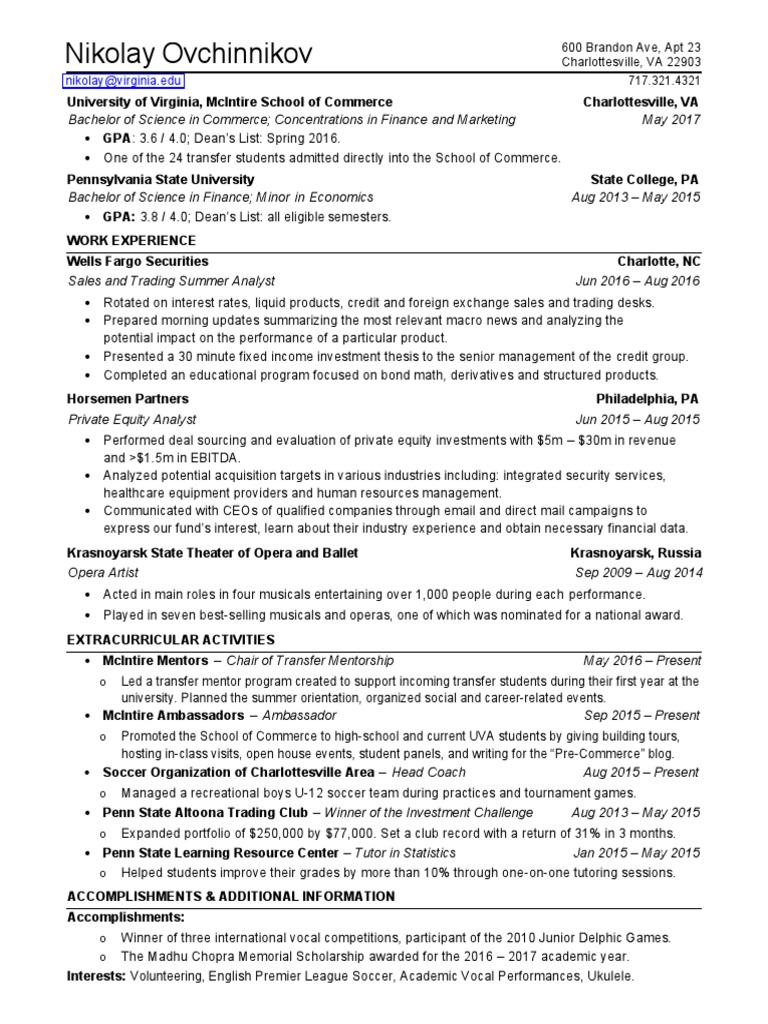 Sample Resume | PDF | Financial Analyst | Private Equity