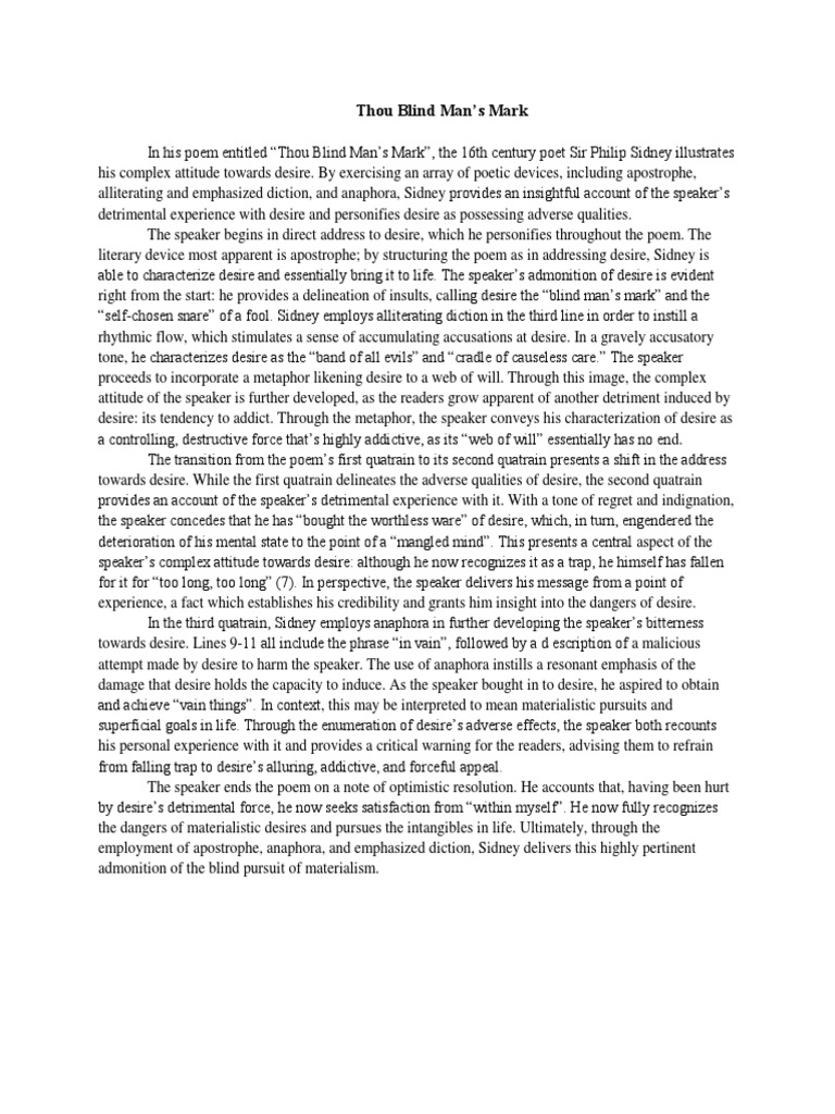 Sidney's Poem 'Thou Blind Man’s Mark' Critiques Desire | PDF | Poetry