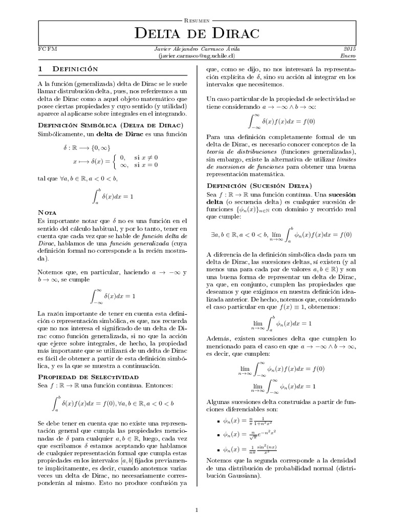 1 Delta de Dirac - Resumen PDF | PDF | Integral | Función (Matemáticas)