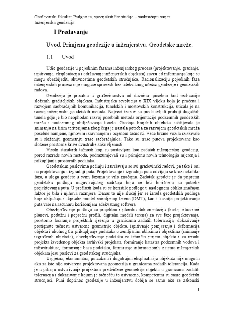 Prvo Predavanje Inženjerska Geodezija - Saobraćajni Smjer | PDF